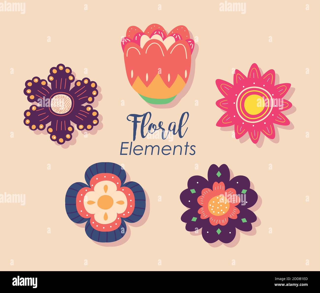decorative flowers icon set over brown background, colorful design ...