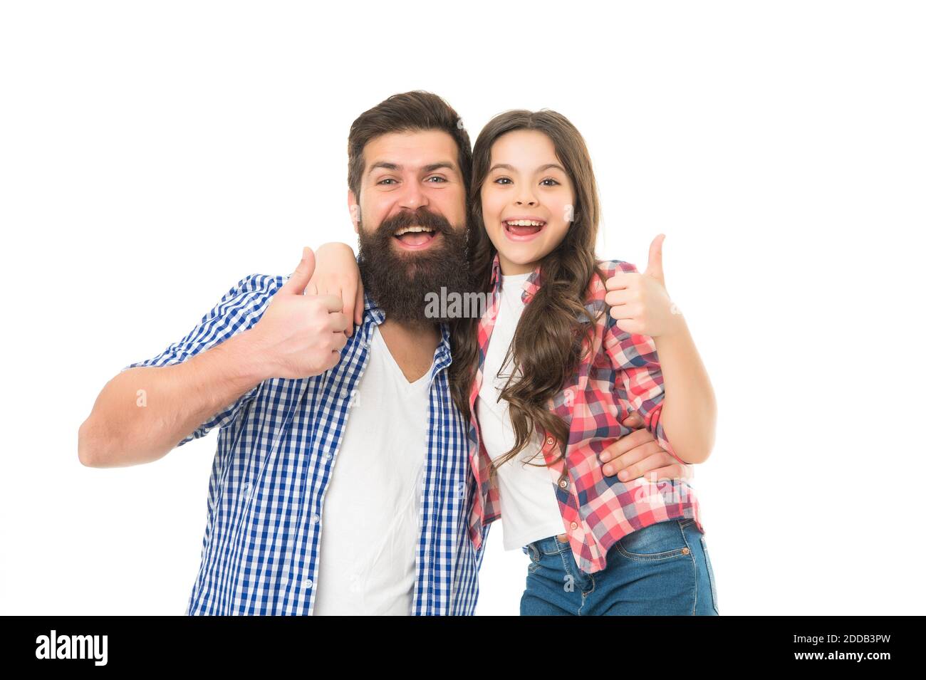 Approval and support. Happy father and small child showing thumbs ups ...