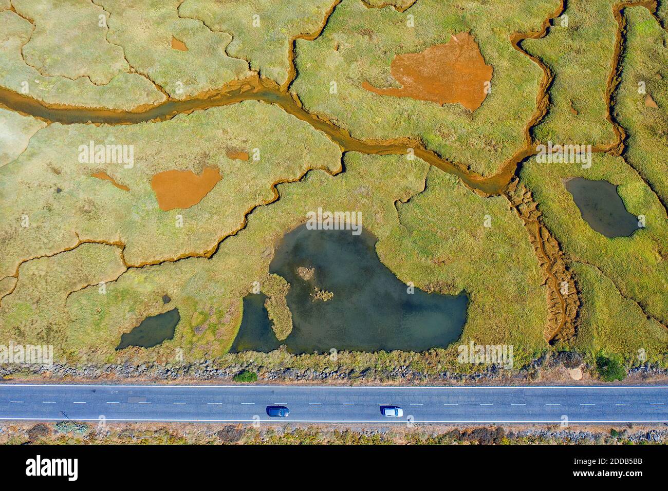 Spain, Andalusia, Aerial view of highway cutting through green marsh in ...