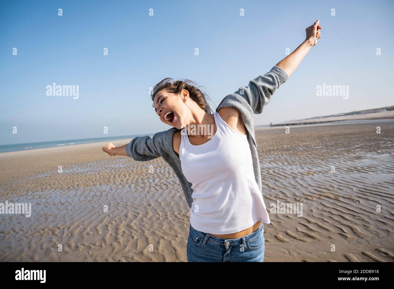 Carefree young woman with arms outstretched at beach against clear sky ...