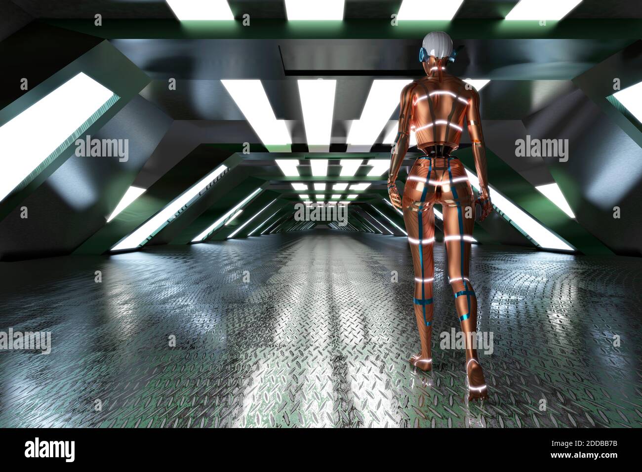 3D rendered Illustration, a female Cyborg in science fiction interior ...