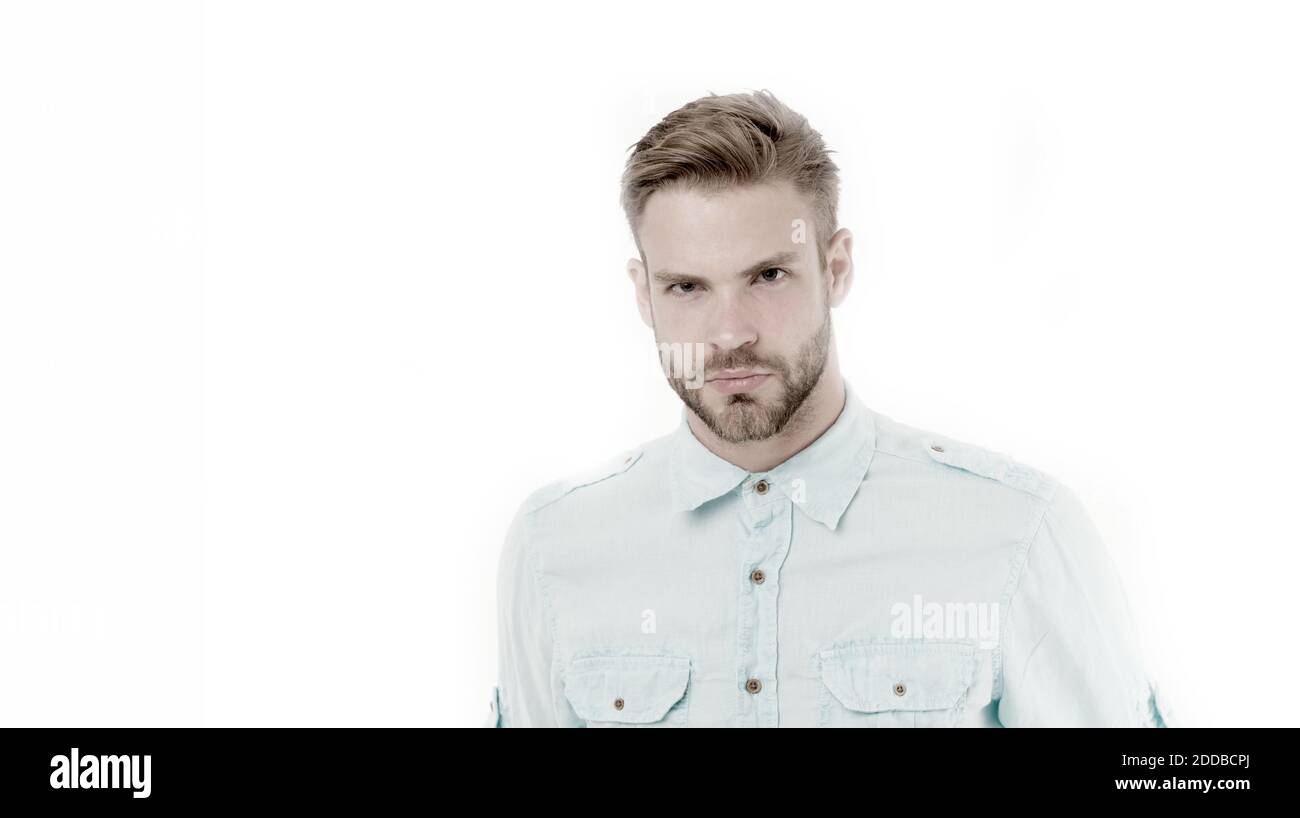 Handsome man in blue shirt, fashion. Man with beard on serious face ...