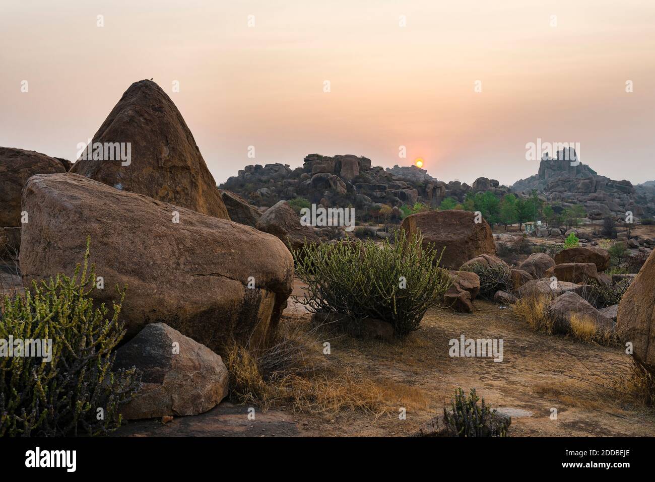 Landscape scenery of boulder rock during sunrise, Karnataka, Hampi ...