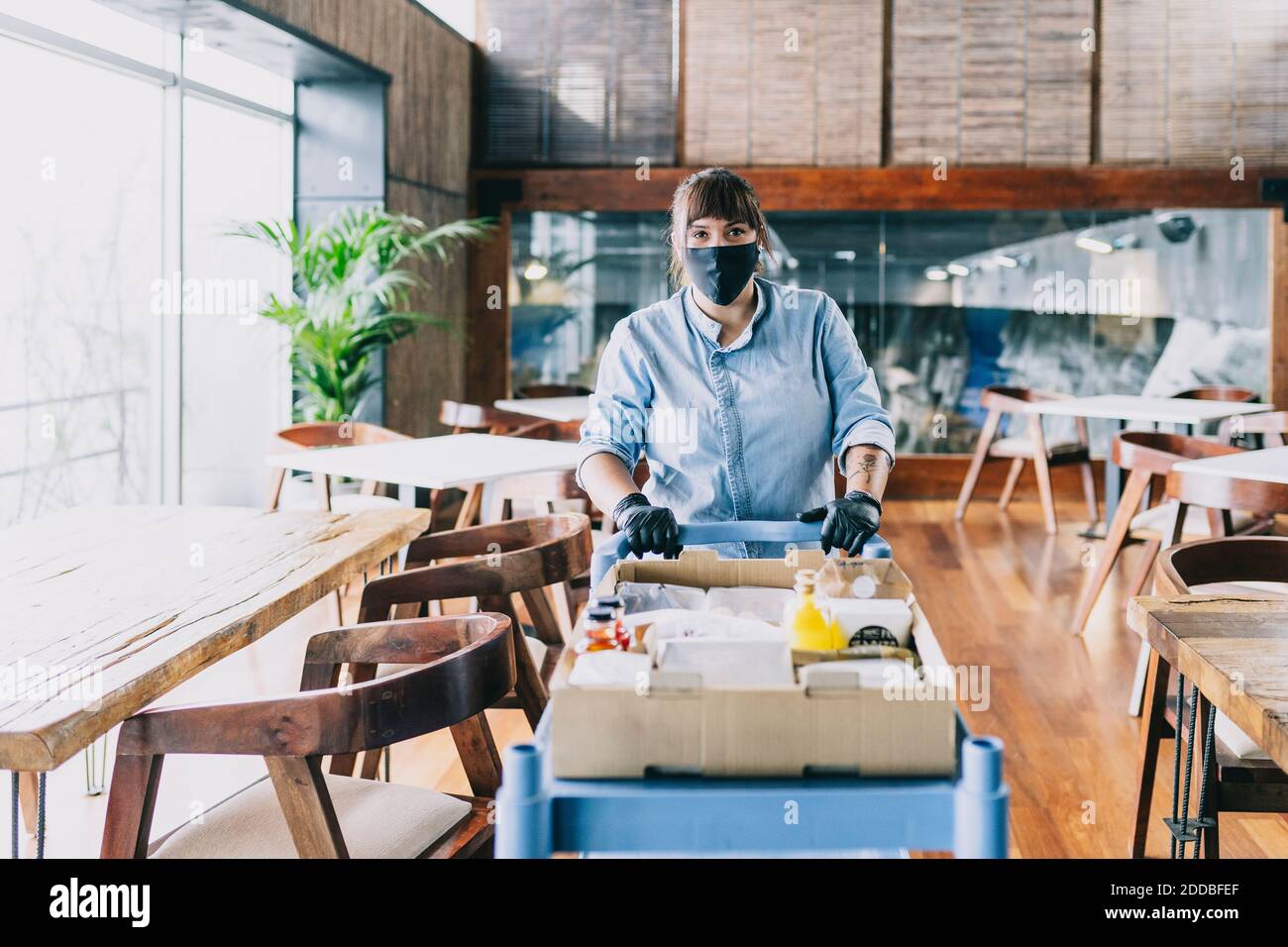 Female chef pushing cart with take out food box while walking in bright ...