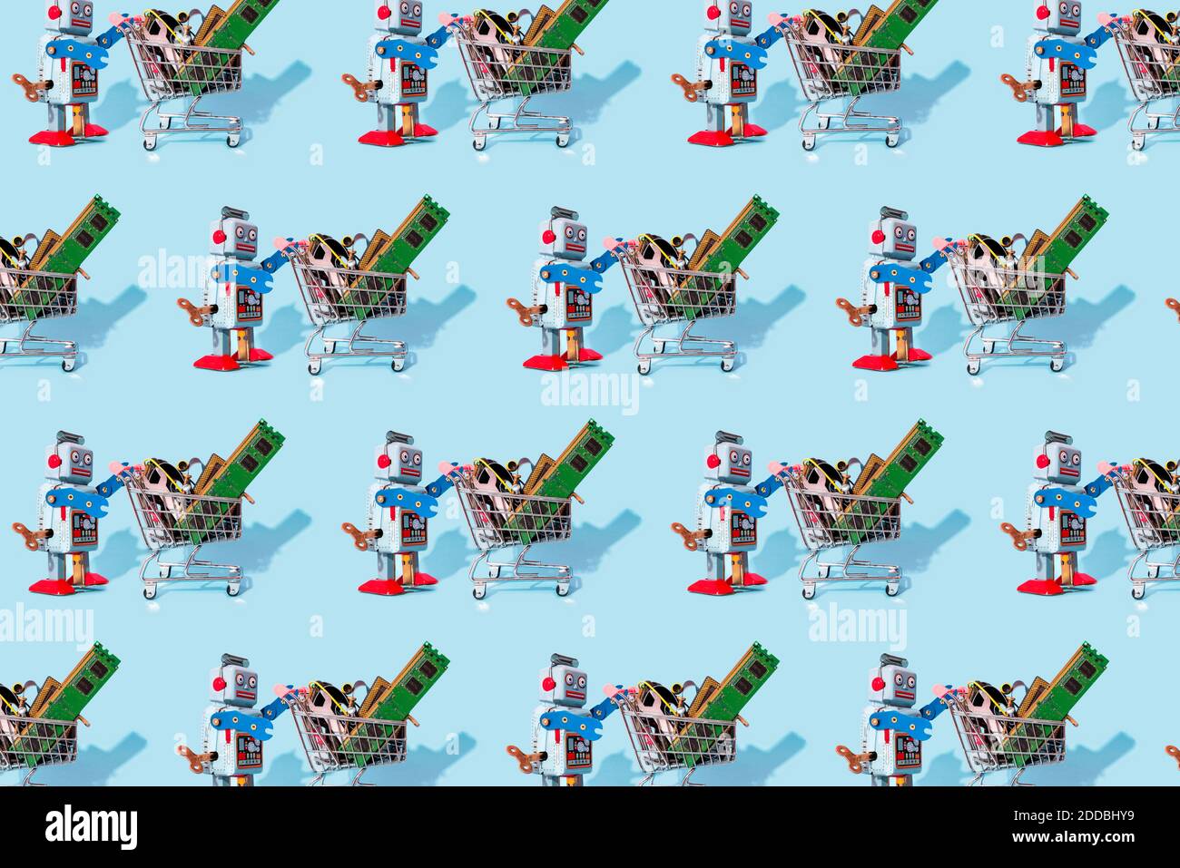 Pattern of vintage robot toys pushing miniature shopping carts filled ...