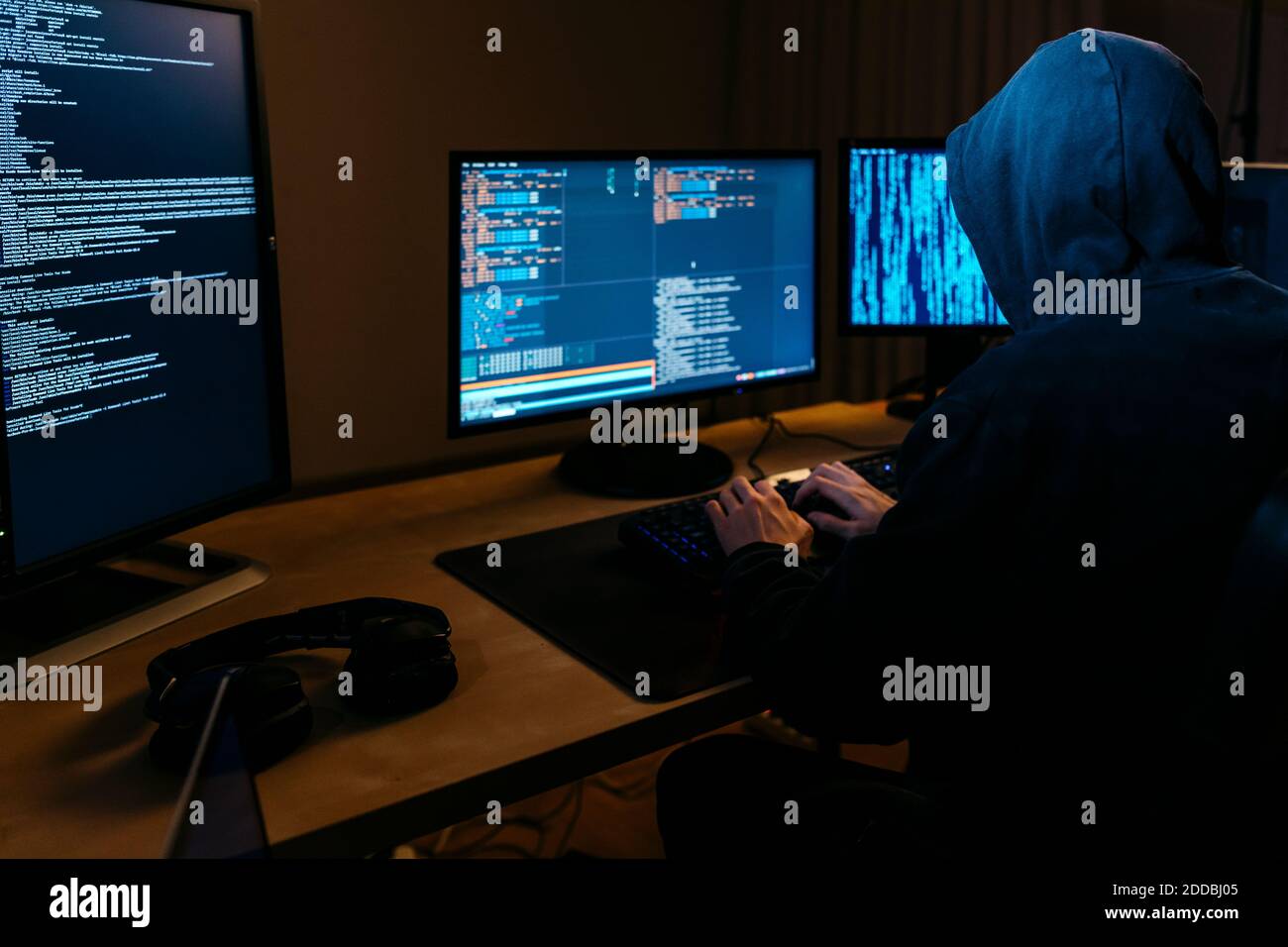 Man at desk wearing hoodie hi-res stock photography and images - Alamy