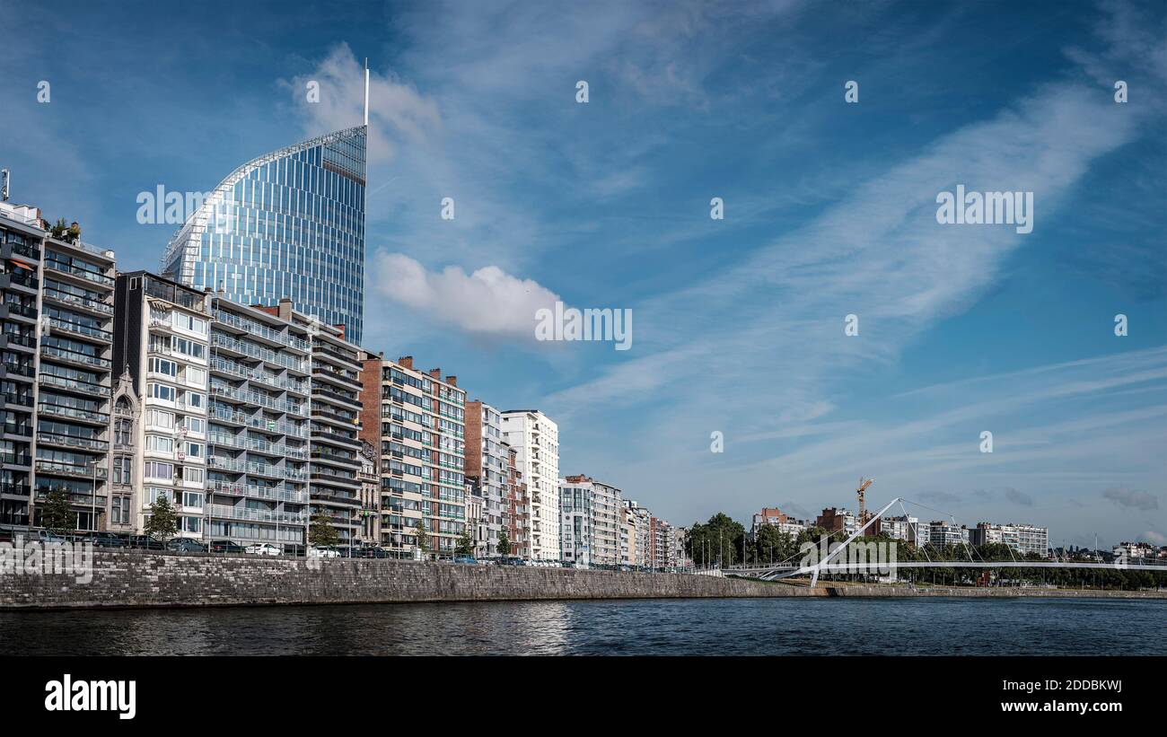 Belgium, Liege Province, Liege, City canal stretching in front of row ...