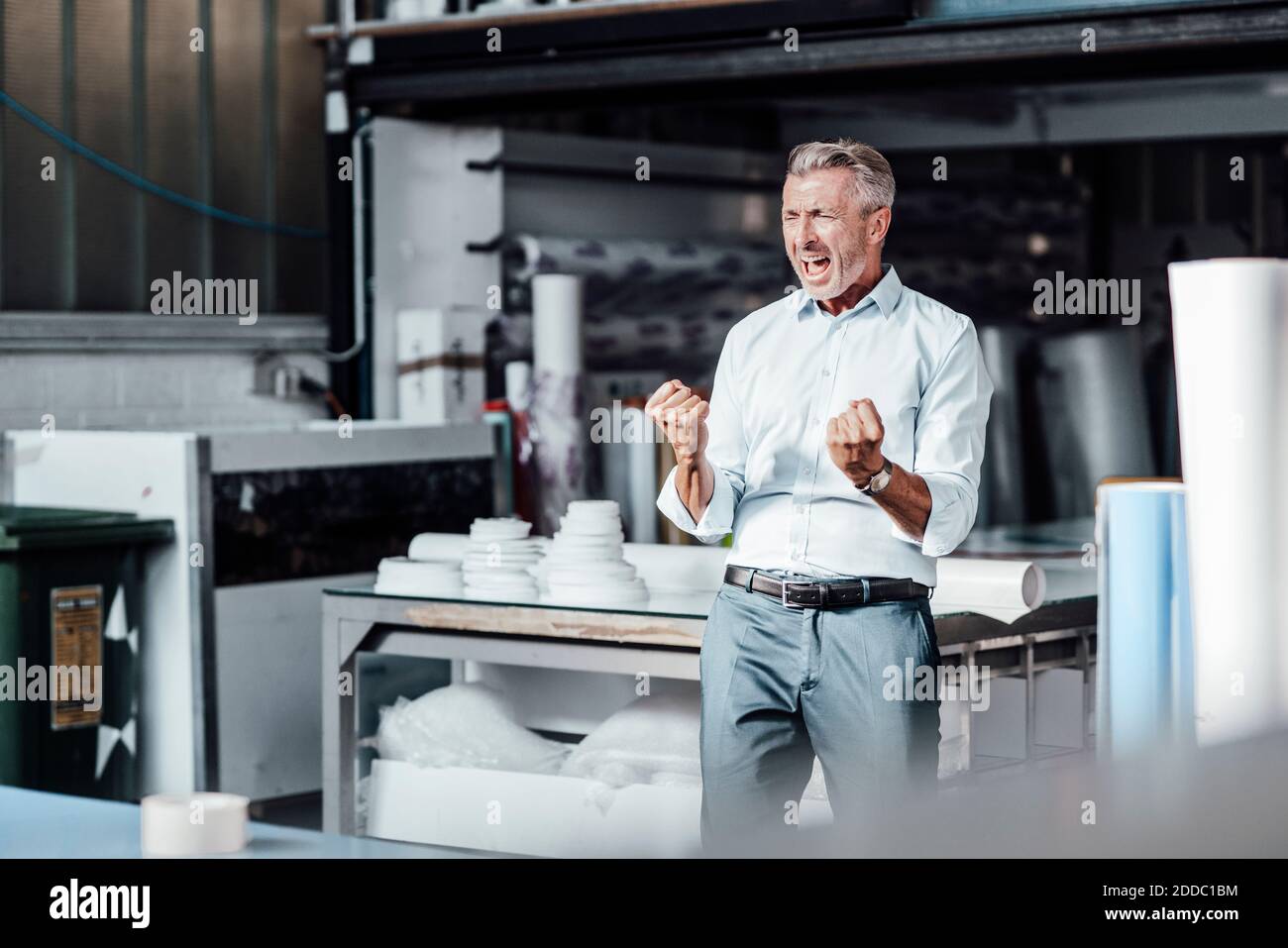 Happy engineer cheering while shouting in manufacturing factory Stock ...
