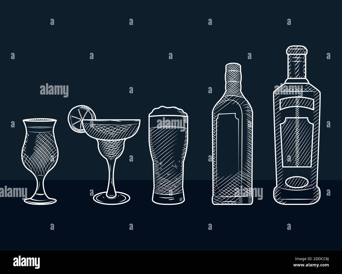 sketch design of alcoholic drinks over black background, vector ...