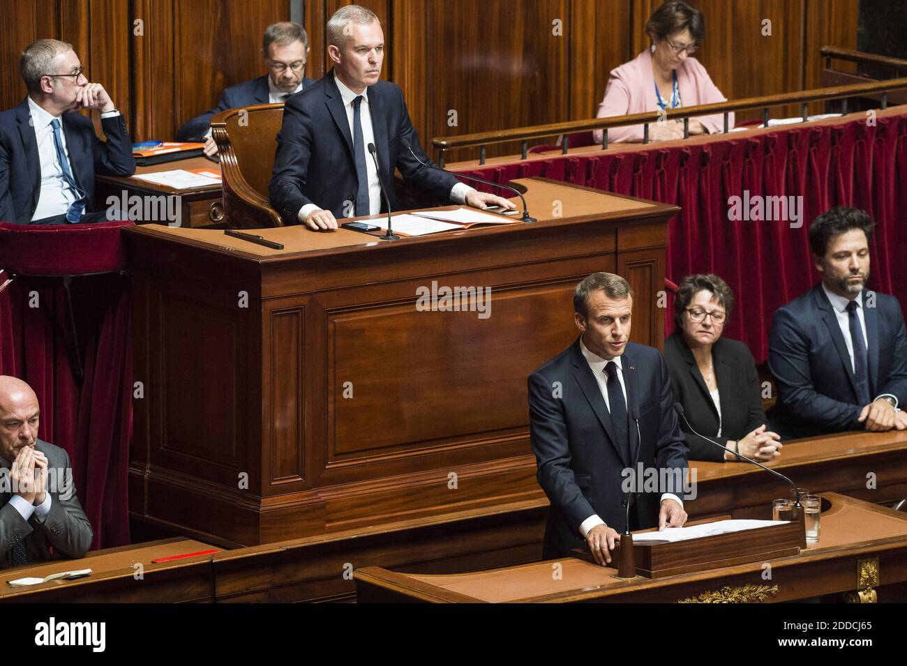 French President Emmanuel Macron (at the platform) speaks during a ...