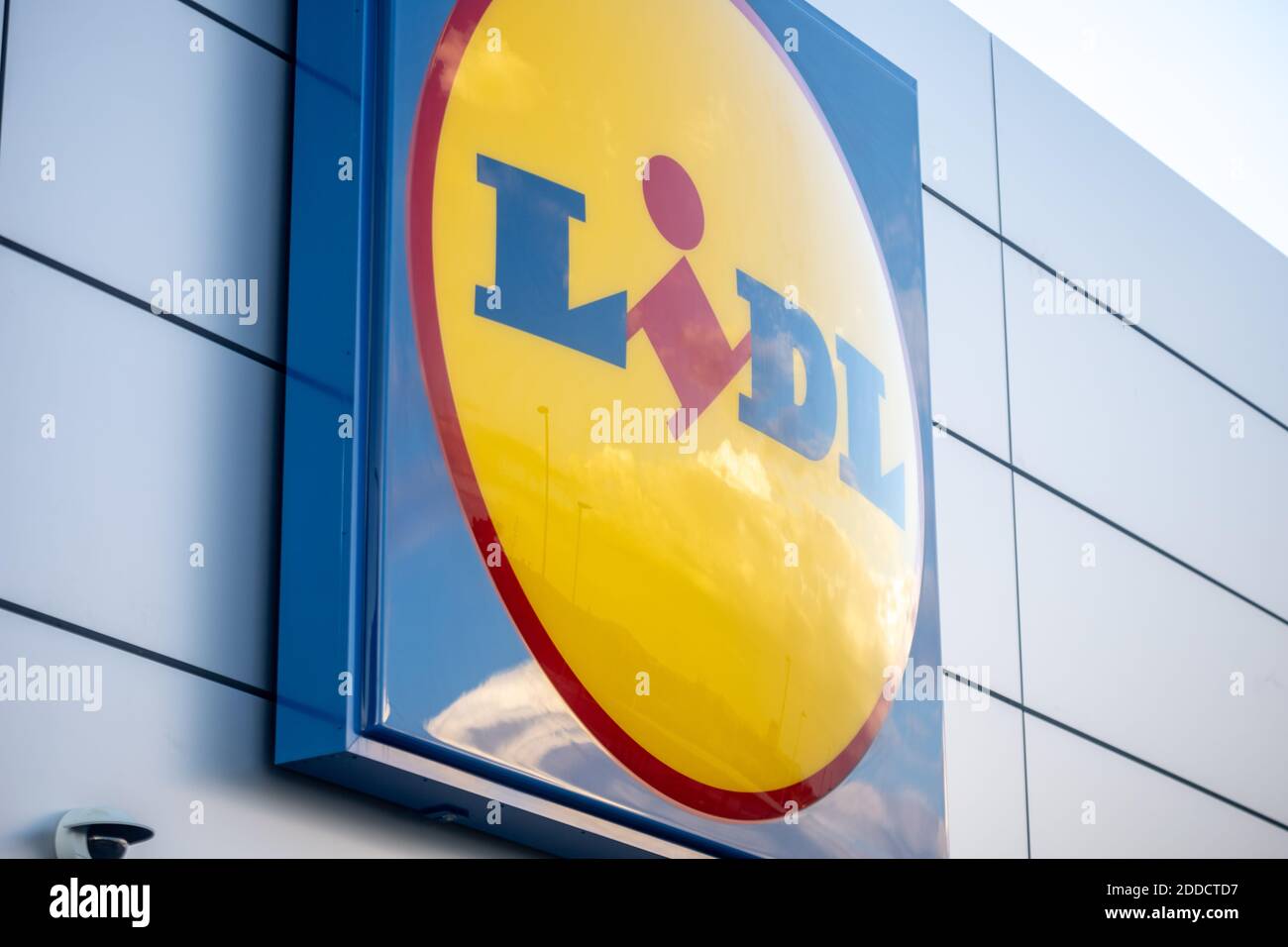 LJUBLJANA, SLOVENIA - JULY 15, 2020 Lidl supermarket logo over entrance ...