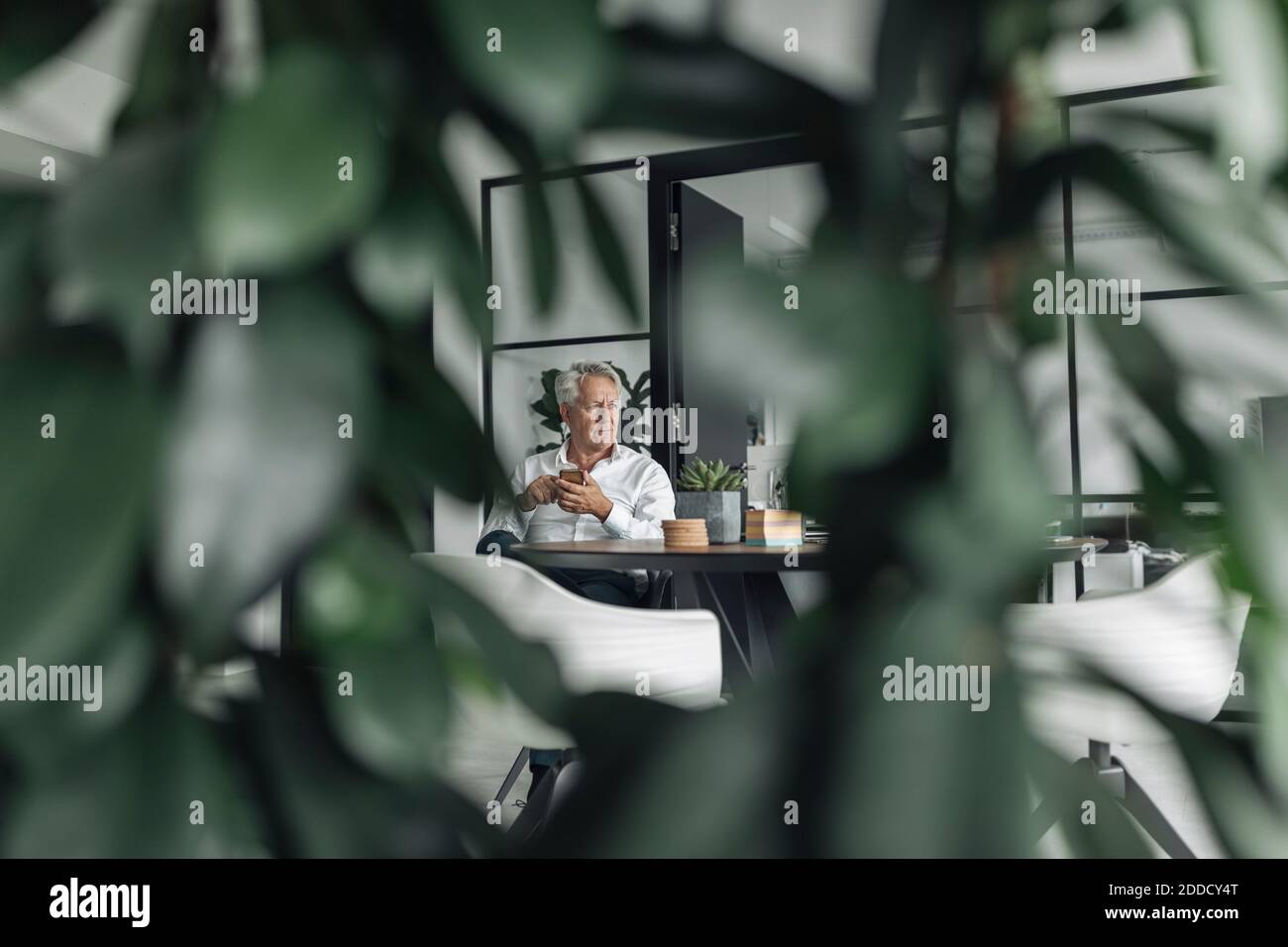 Businessman using mobile phone while sitting by desk at office Stock ...