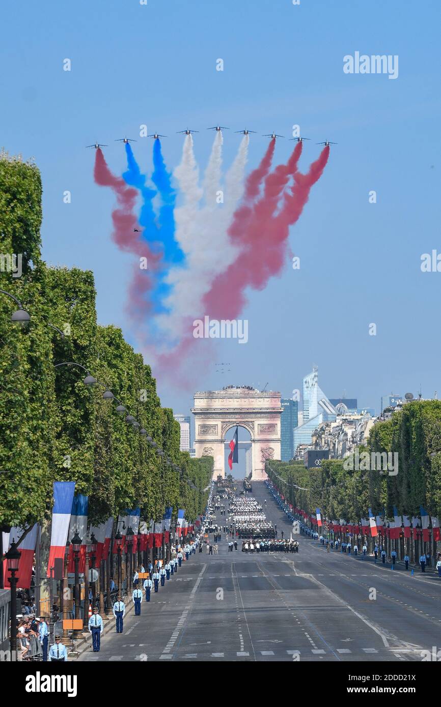 The Patrouille de France Alpha Jets perform a flypast at the start of ...