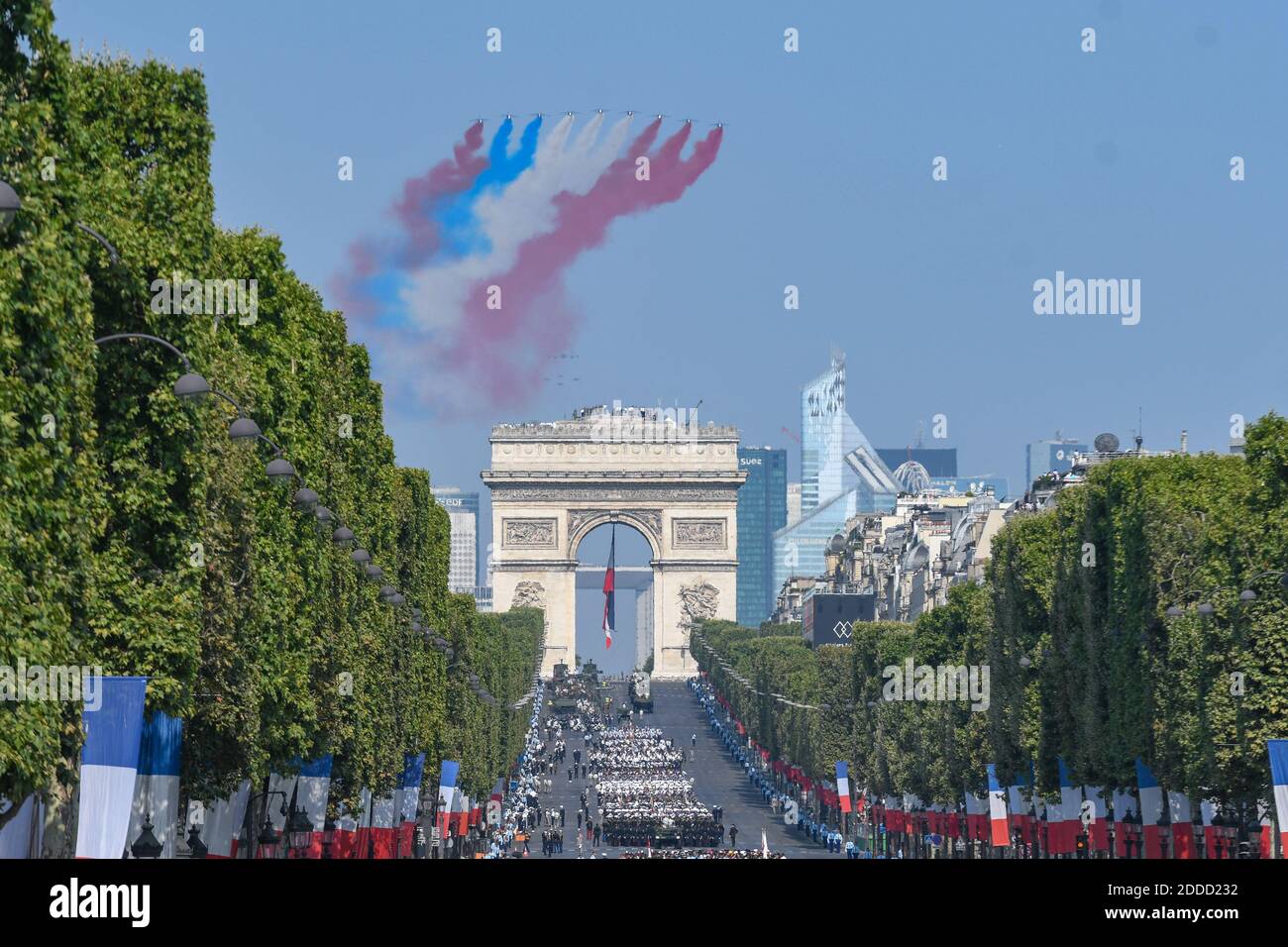 The Patrouille de France Alpha Jets perform a flypast at the start of ...