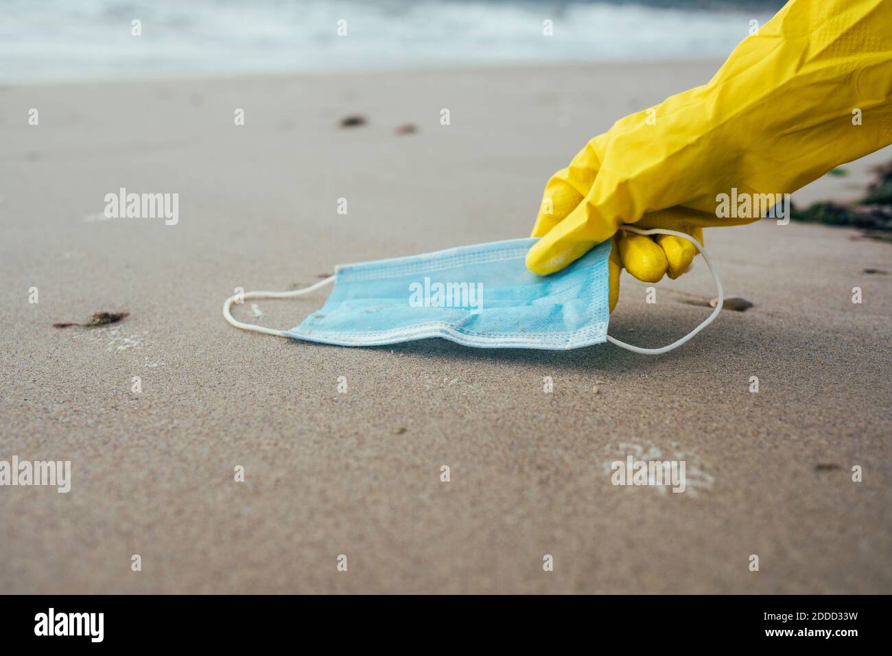 Female environmentalist picking up face mask while cleaning beach Stock ...