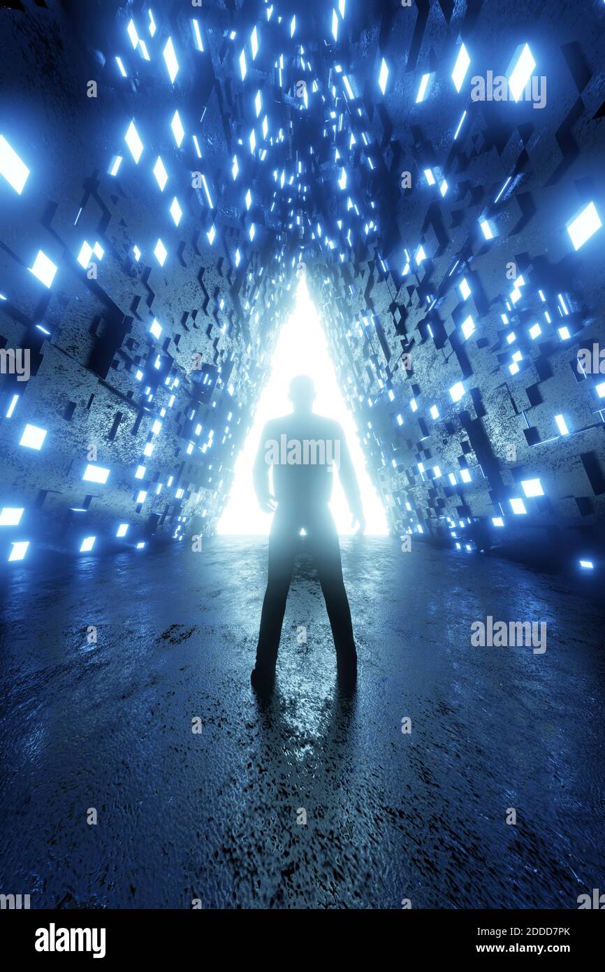 Three dimensional render of person standing in front of triangle shaped ...