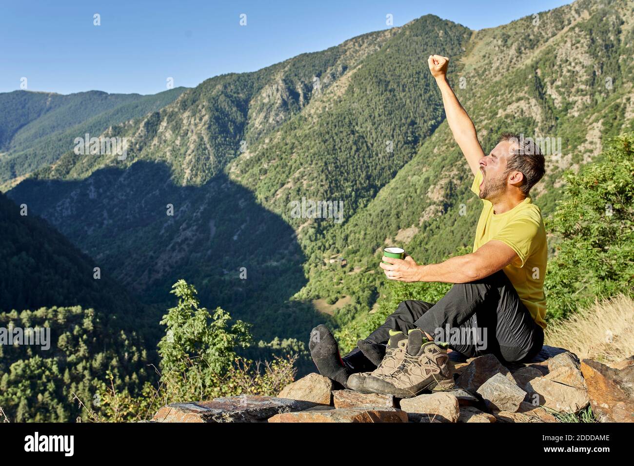 Mid adult man yawning with hand raised in forest on sunny day Stock ...