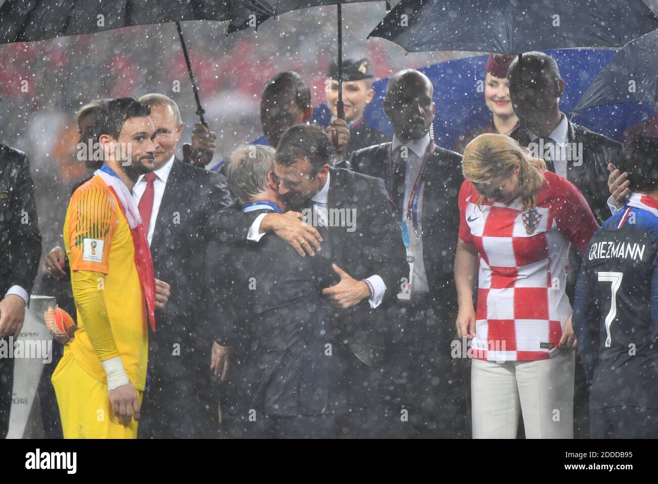 French President Emmanuel Macron congratulates the french players after ...