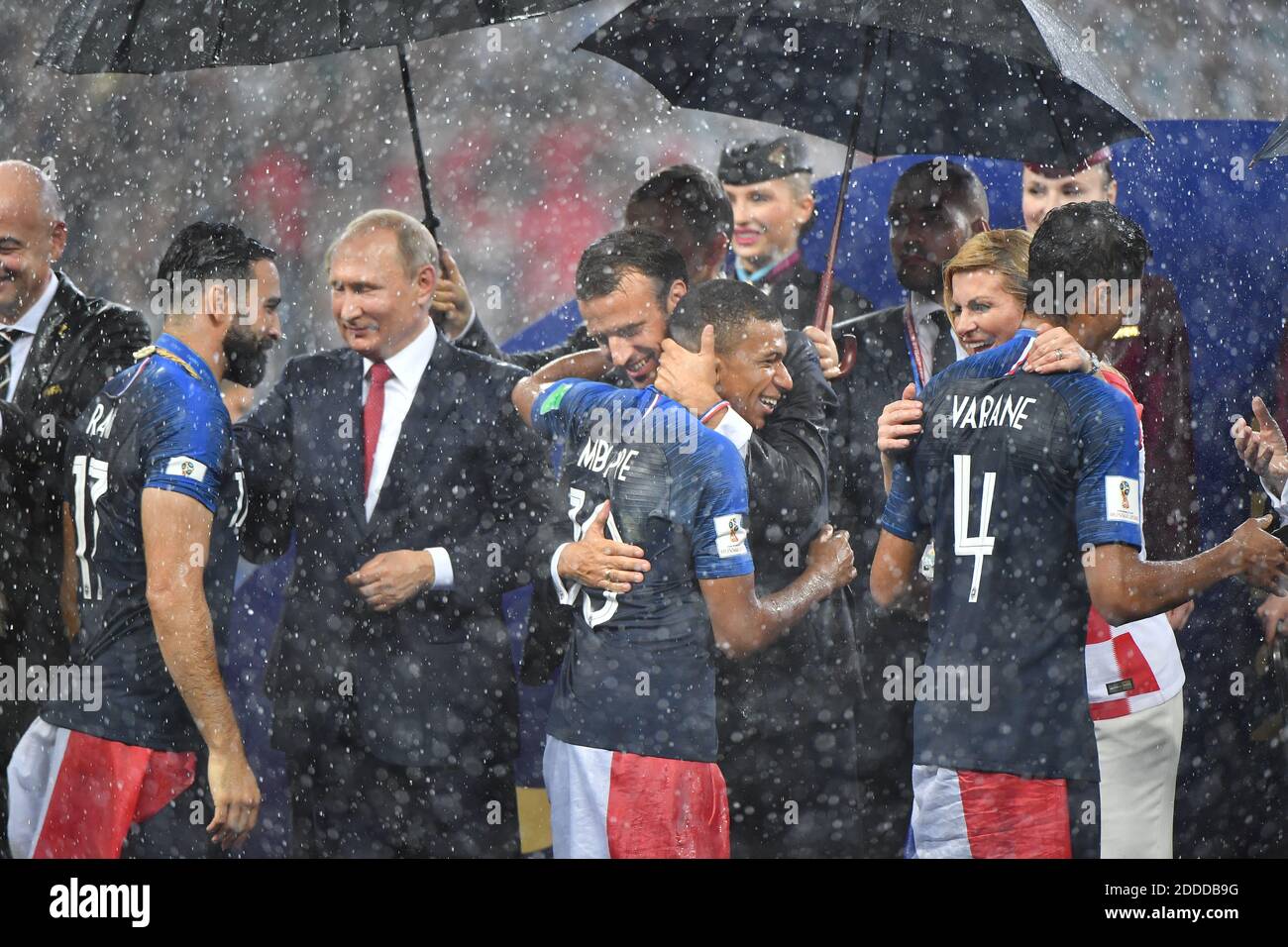 French President Emmanuel Macron congratulates the french players after ...