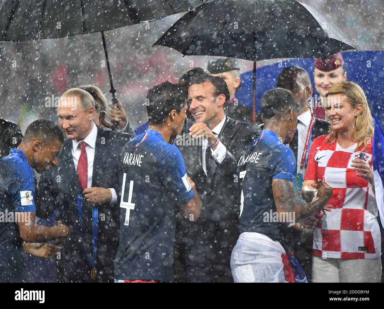 French President Emmanuel Macron congratulates the french players after ...