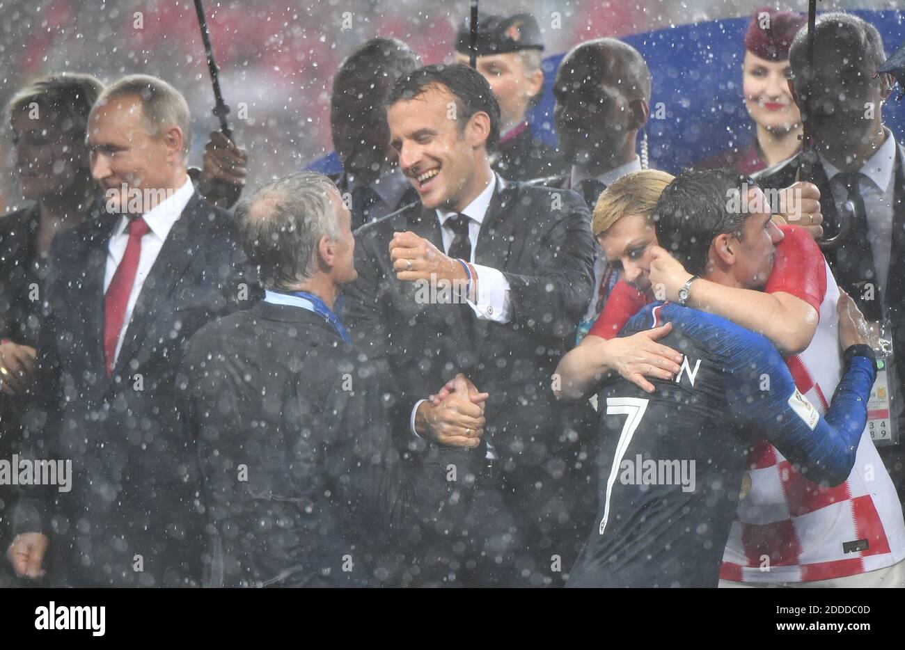 French President Emmanuel Macron congratulates the french players after ...
