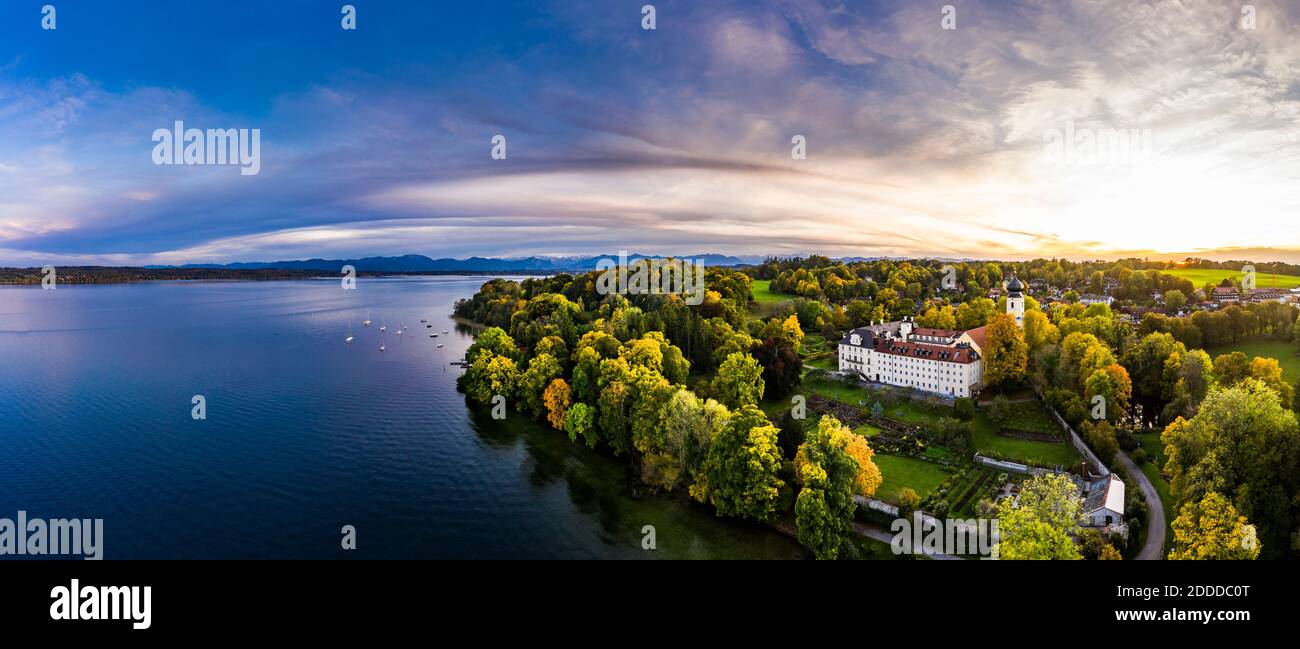 Germany, Bavaria, Bernried am Starnberger See, Drone panorama of Lake Starnberg and Bernried ...