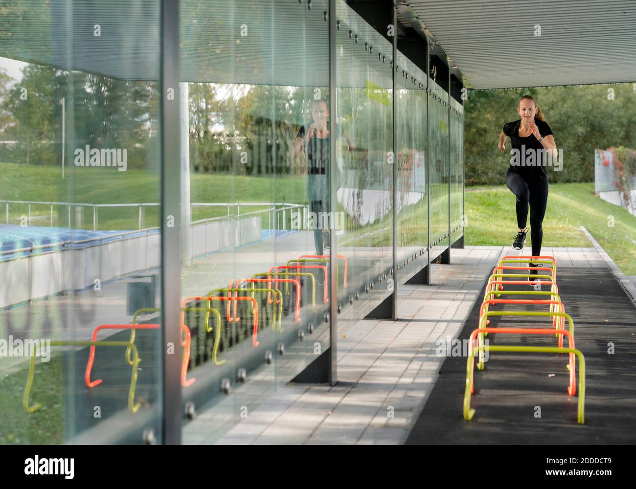 Sportswoman running over small hurdle by glass wall at ground Stock ...