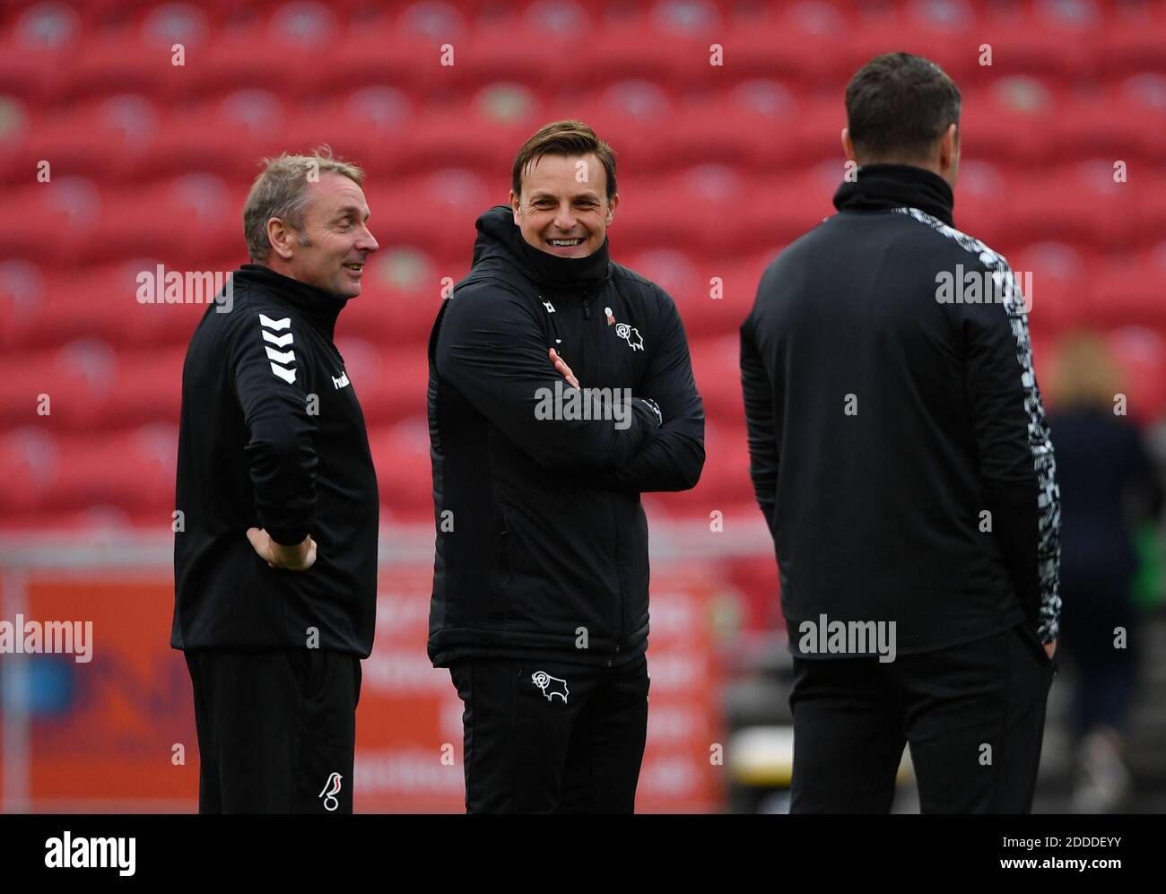 Derby County coach Justin Walker (centre) during the Sky Bet ...
