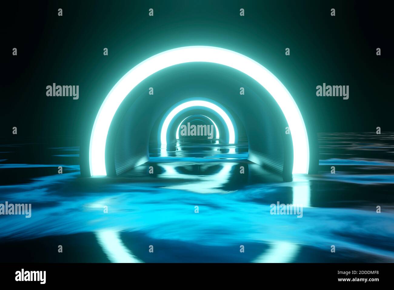 3D illustration of blue glowing arch tunnel on water in dark at night ...