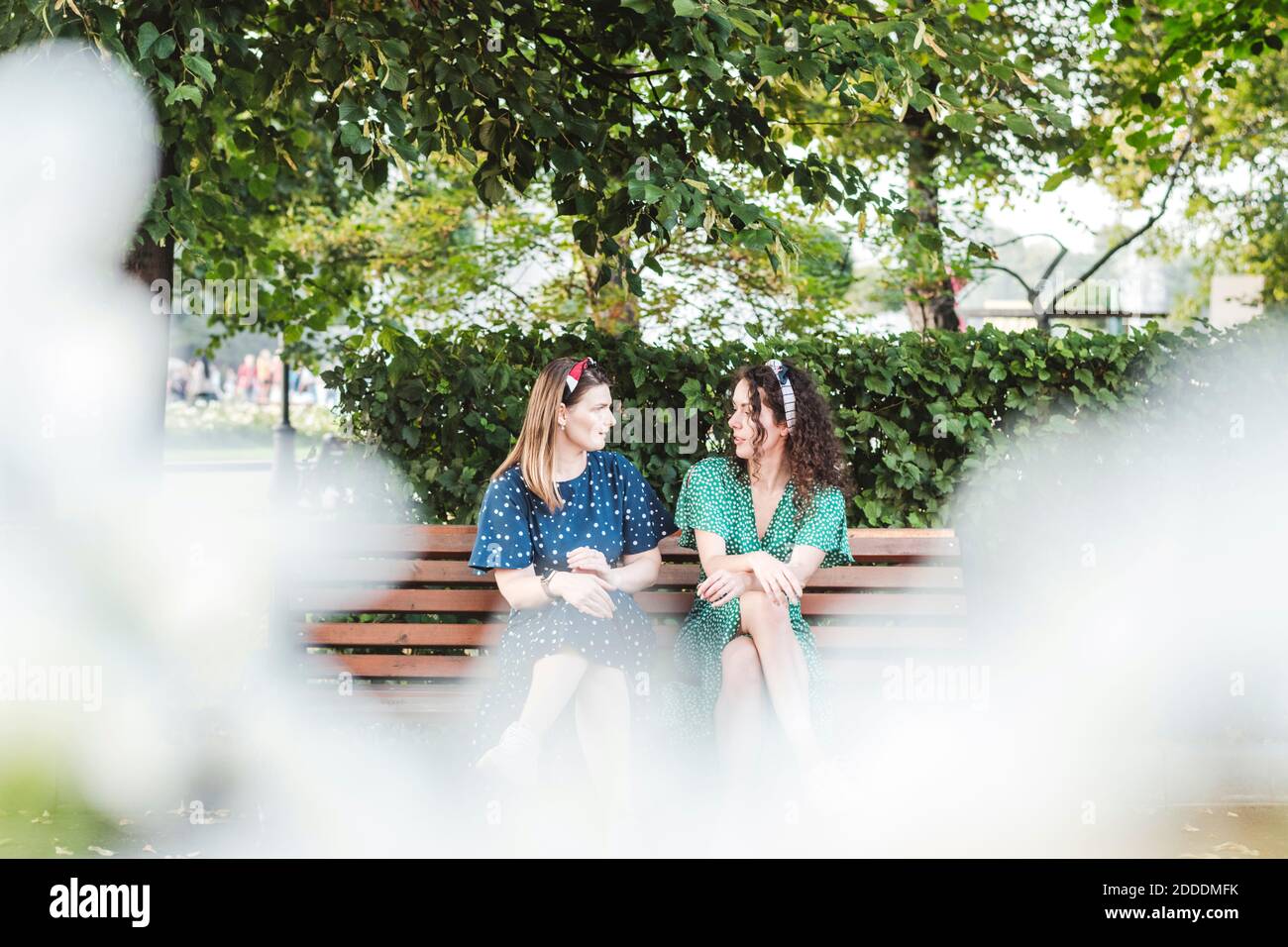 Female friends talking while sitting on bench at park Stock Photo - Alamy