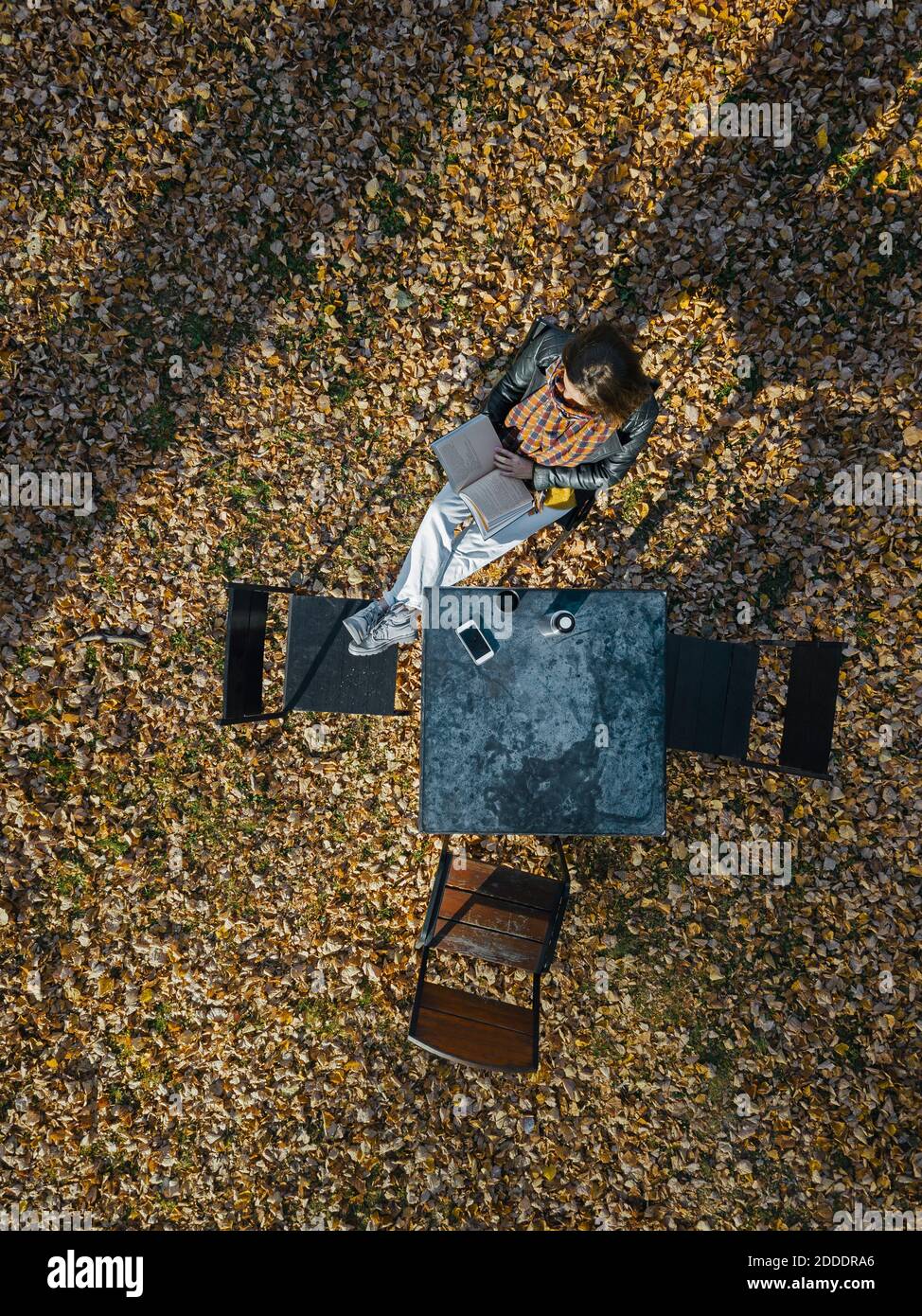 Aerial View Of Woman Reading Book While Sitting On Chair At Park During