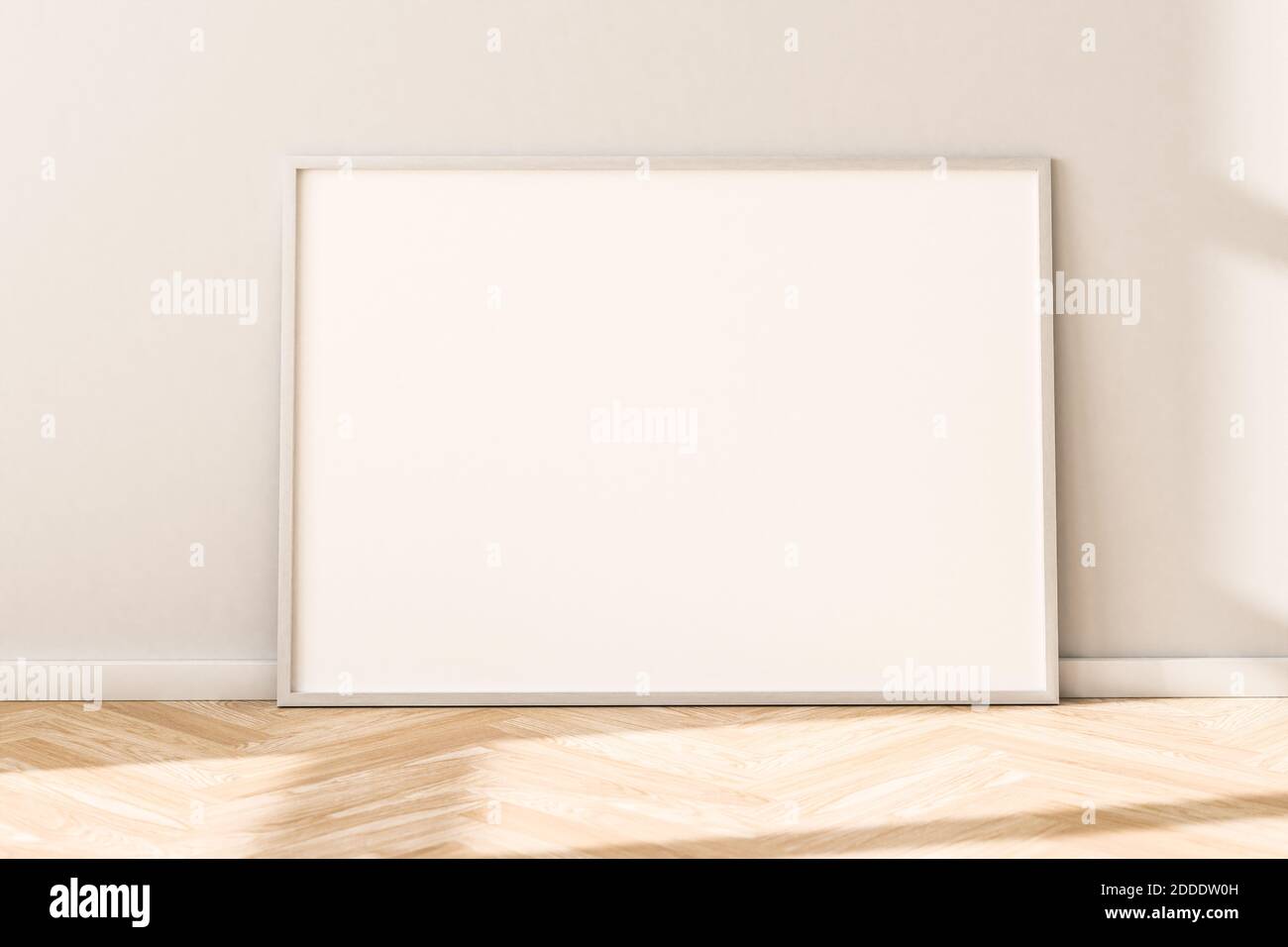 Horizontal empty Picture Frame on parquet floor leaning against bright ...