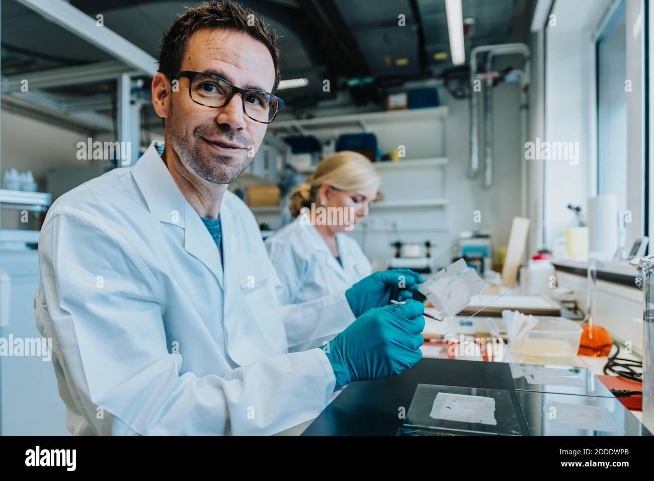 Scientist holding human brain microscope slide while sitting by ...
