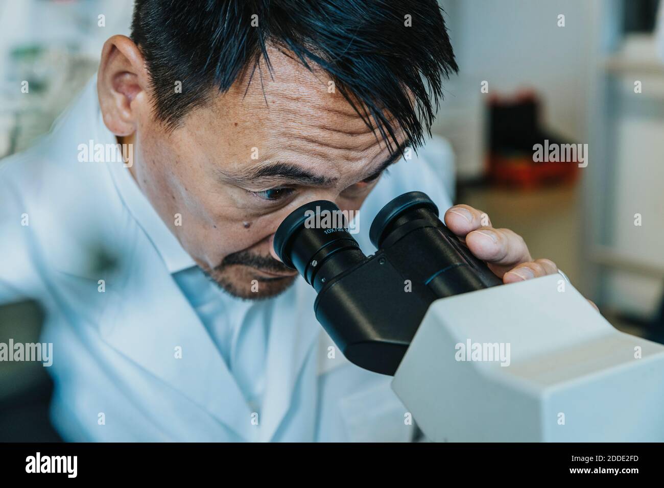Male scientist looking though microscope while man standing in ...
