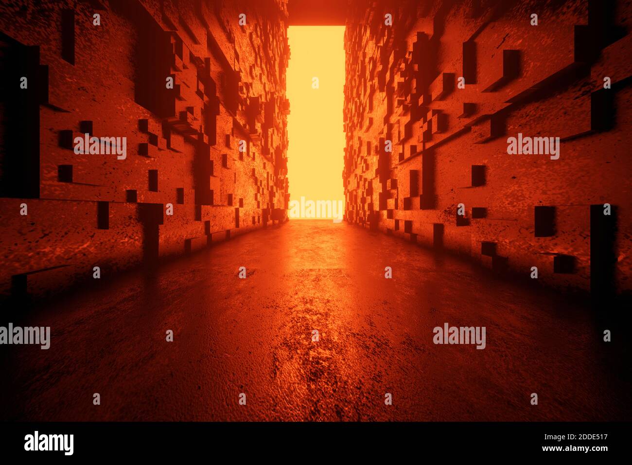 3D rendered illustration of glowing orange exit at the end in dark ...