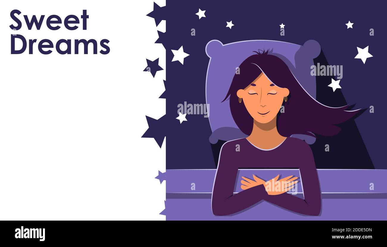 Sleeping girl, night, stars around. Young lady, bedtime, healthy habit ...