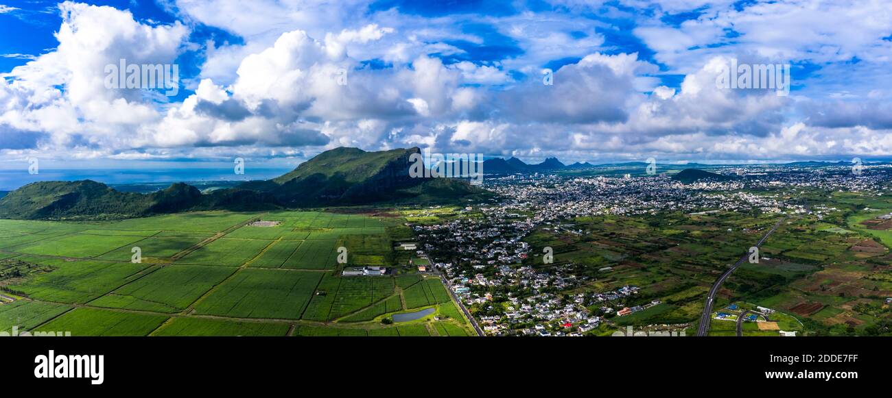Mauritius, Black River, Flic-en-Flac, Helicopter view of island city ...