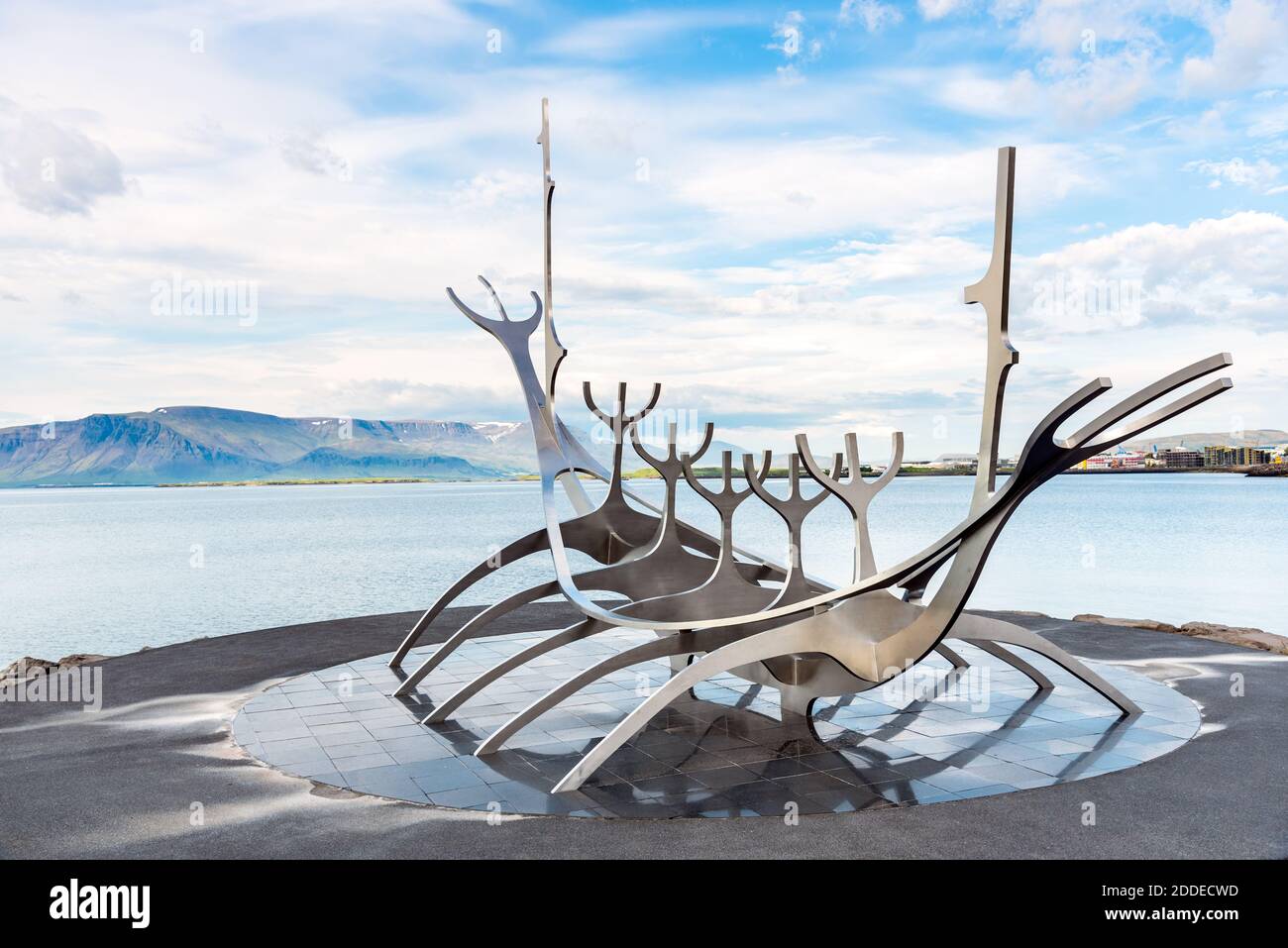 Sun Voyager monument with the bay and mountains in background Stock ...