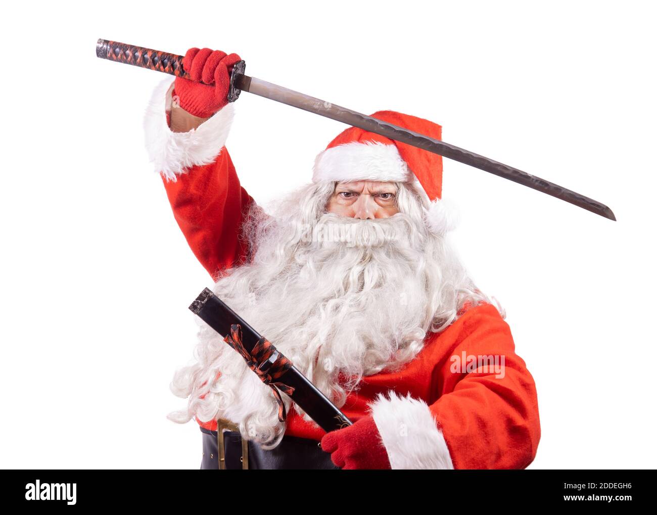 Santa Claus is armed with a samurai sword, isolated on a white ...