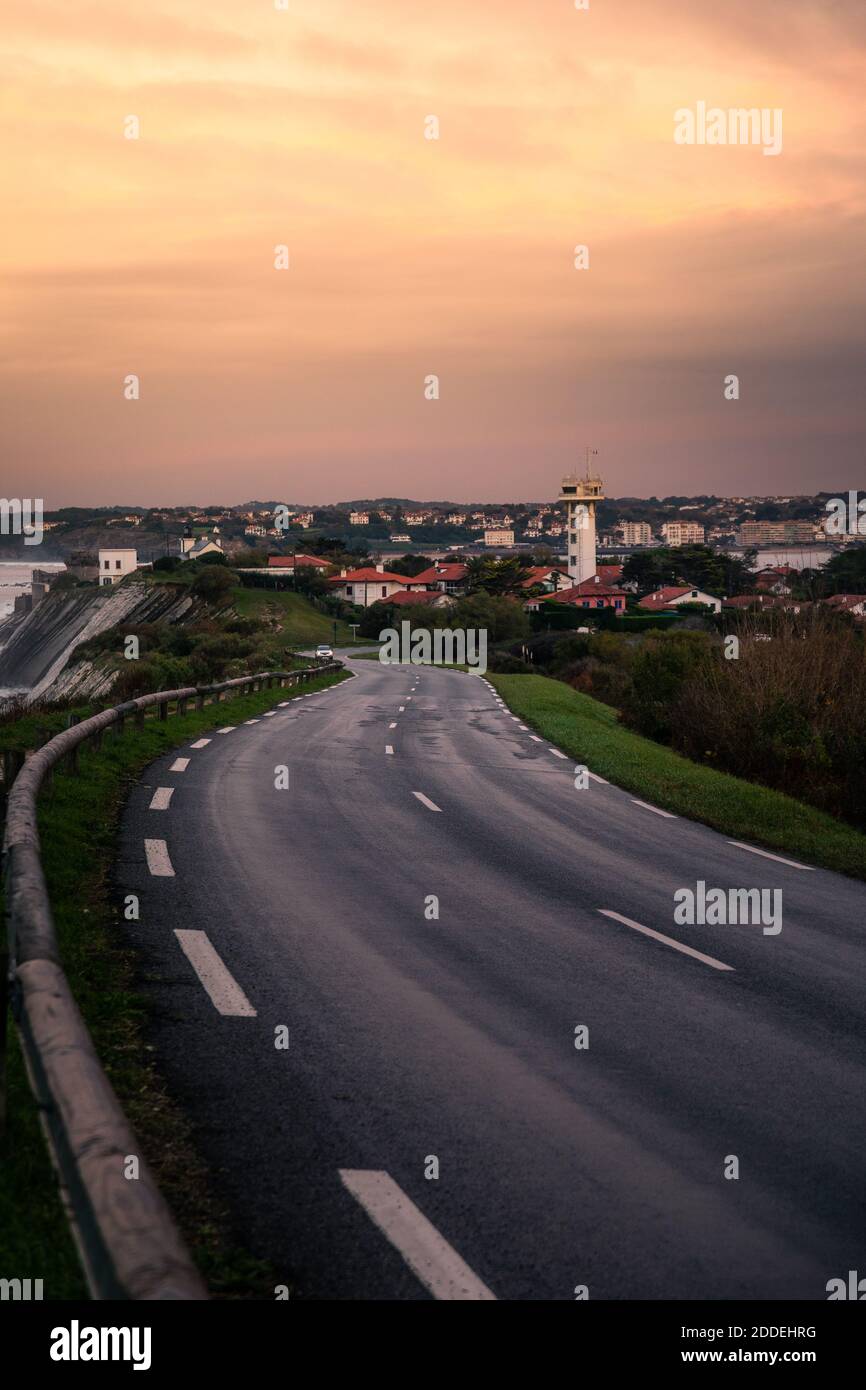 Road next to the coast at the famous basque corniche, Basque Country ...