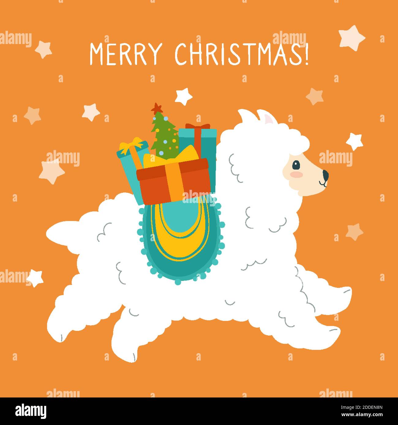 Alpaca christmas greeting card, with boxes gifts and Christmas tree ...