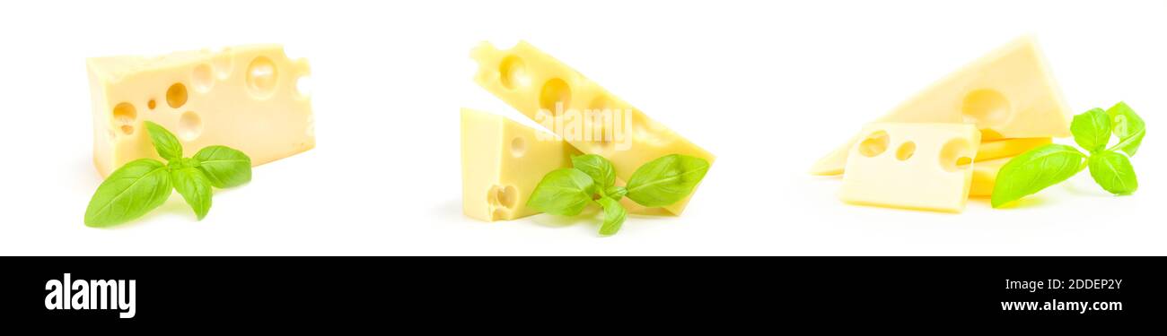 Set of cheese with green leaf on a white background clipping path Stock ...