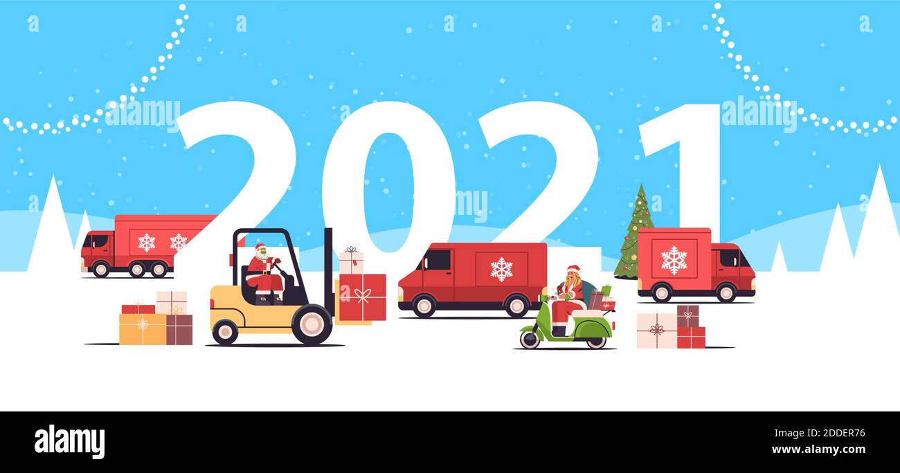 different vehicles delivering gifts merry christmas 2021 new year ...