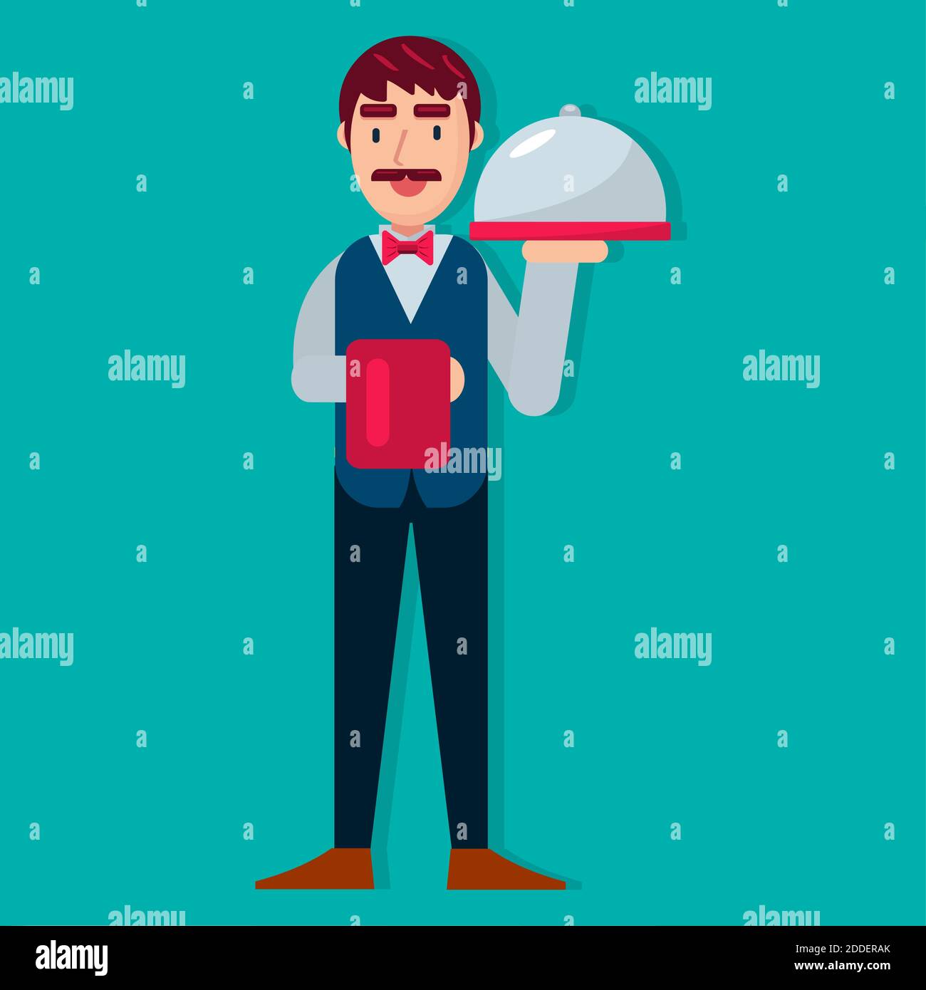 waiter holding serving platter with dome vector illustration in flat ...