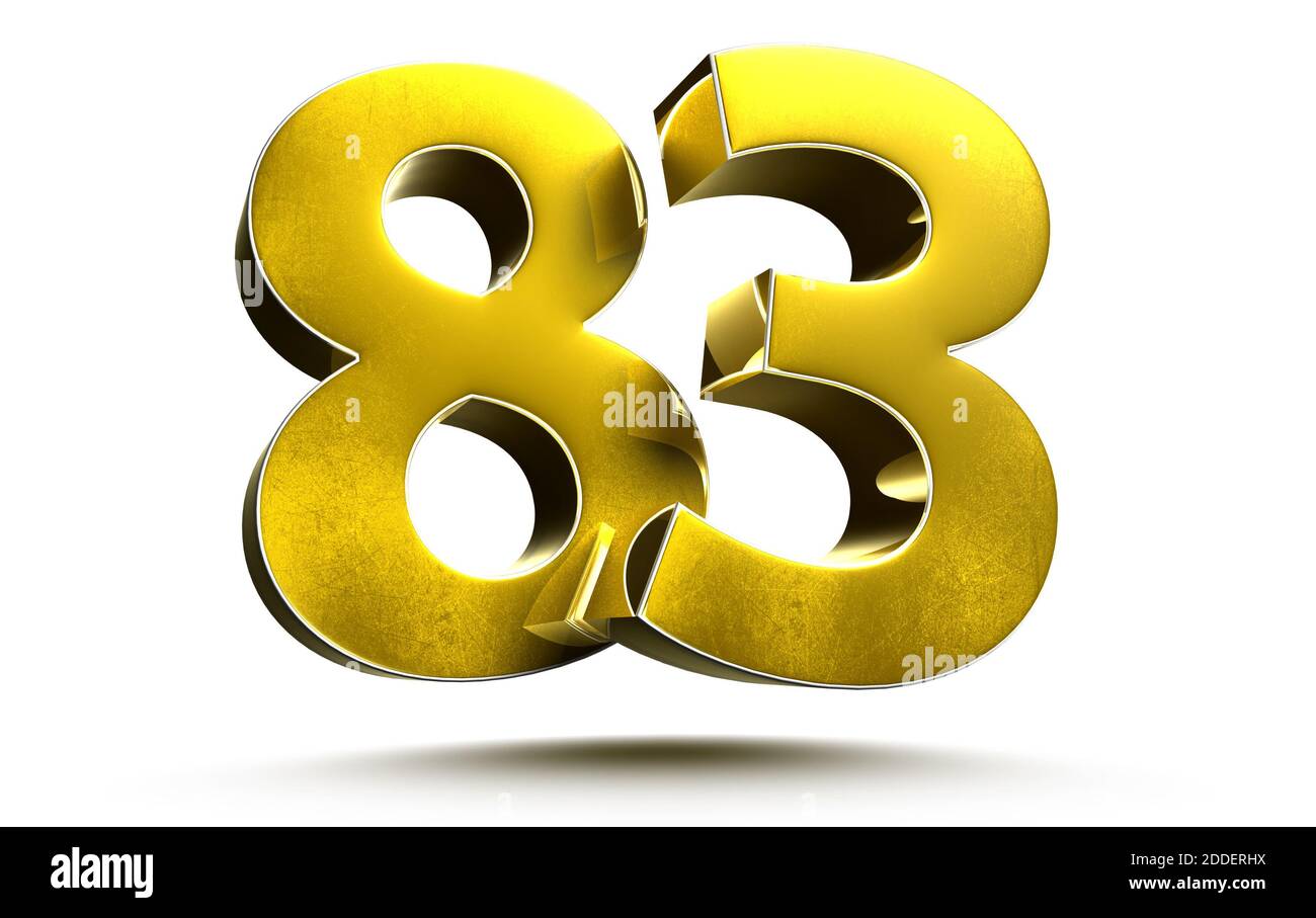 Gold numbers 83 isolated on white background illustration 3D rendering ...