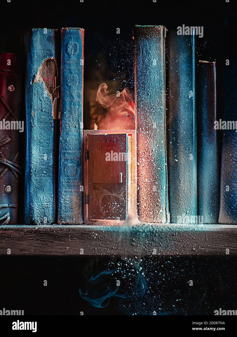 Door into summer on a frozen bookshelf, escape and hope concept ...