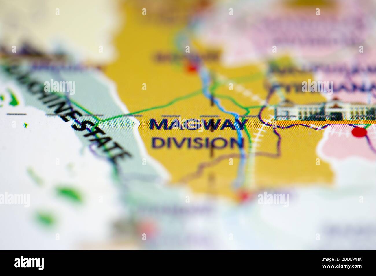 Shallow depth of field focus on geographical map location of Magway ...