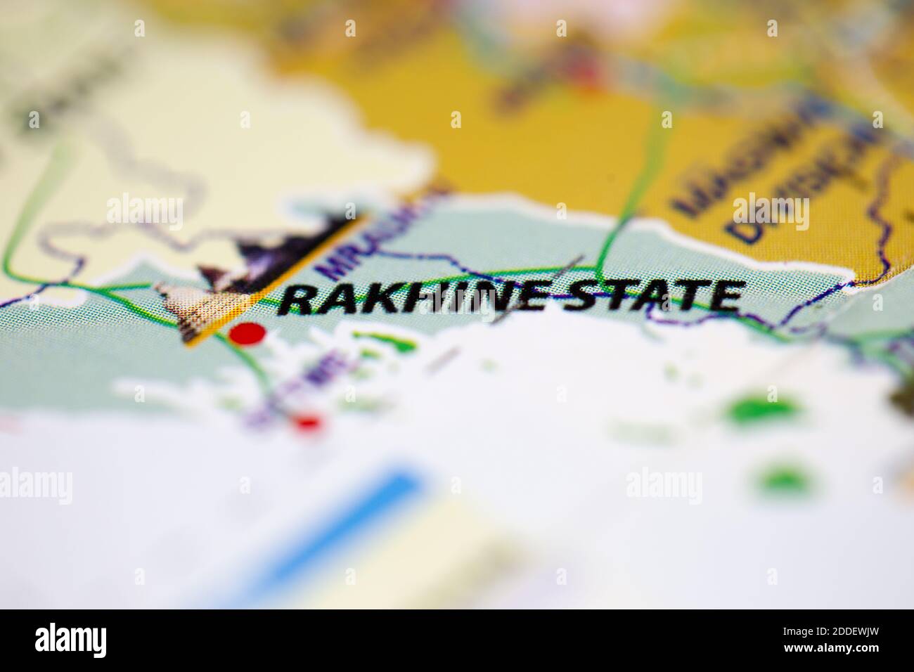 Shallow depth of field focus on geographical map location of Rakhine ...