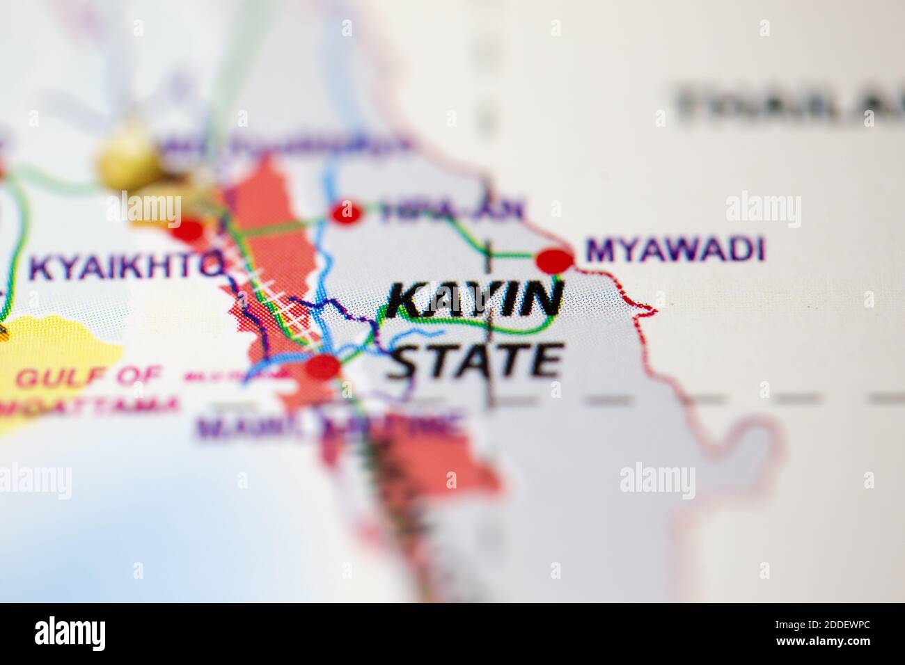 Shallow depth of field focus on geographical map location of Kayin ...