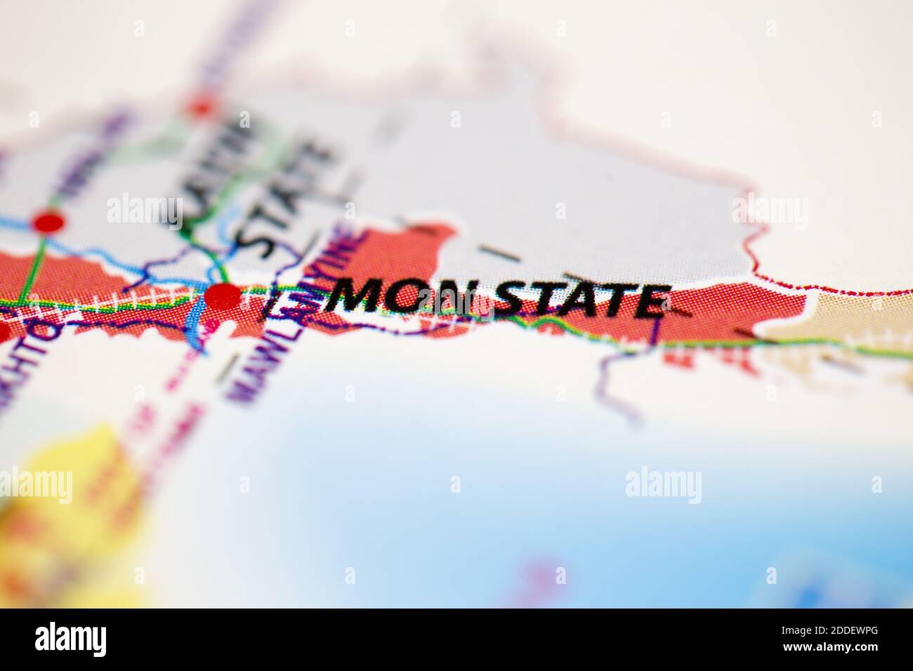 Shallow depth of field focus on geographical map location of Mon State ...